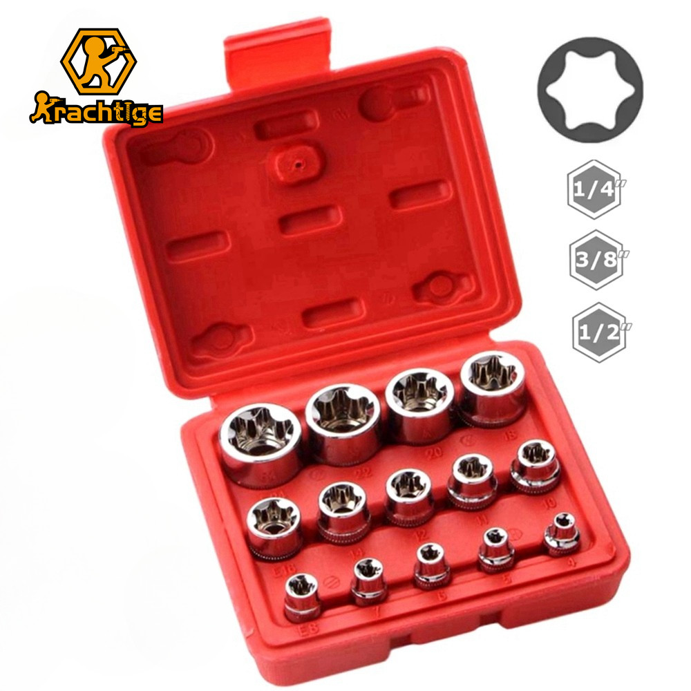 14Pcs E Torx Star Female Bit Socket Set 1/2" 3/8" 1/4" Drive Repair ...