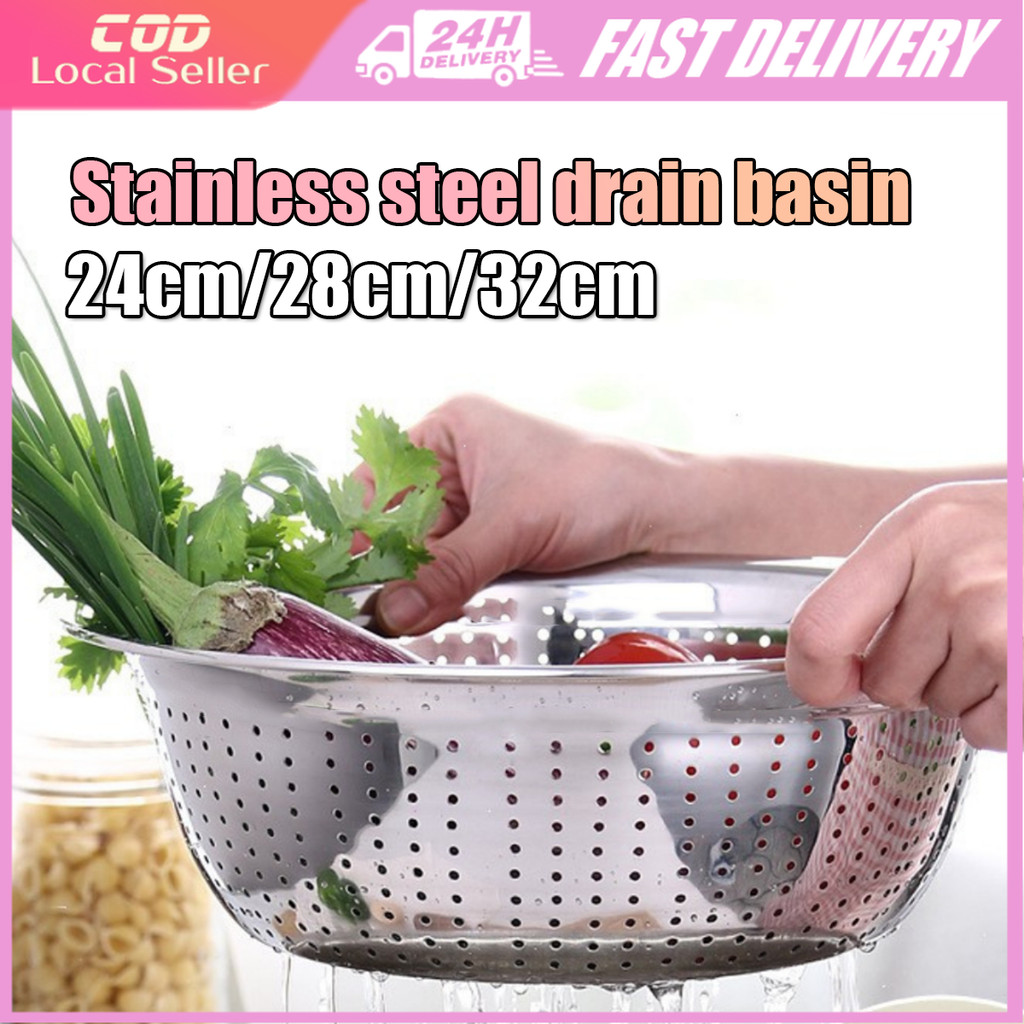 Stainless Steel Rice Strainer Bowl Colander Slotted Drain Basin Wash ...