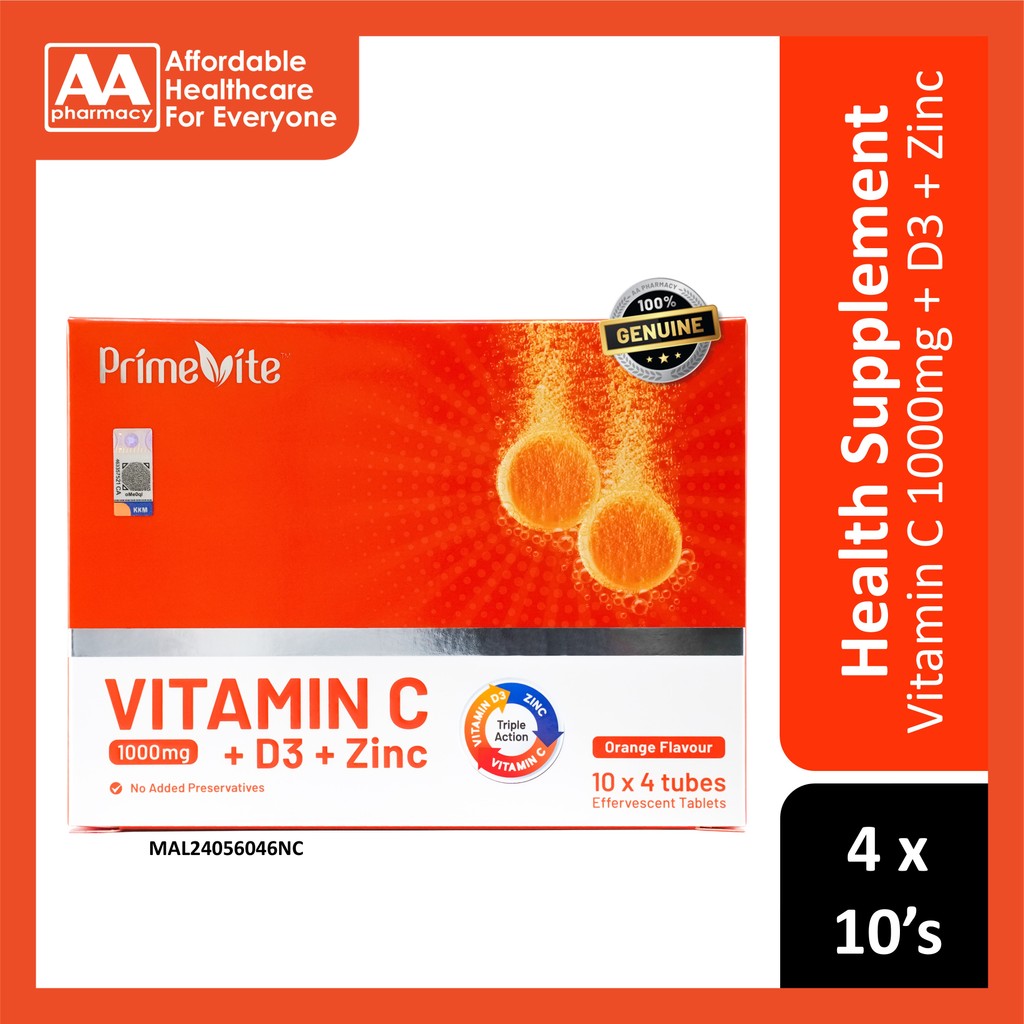 PrimeVite Vitamin C 1000mg + Vitamin D3 + Zinc Effervescent Tablet 4 x ...