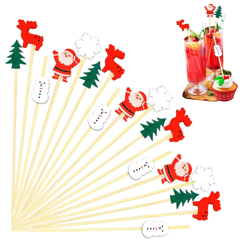 100Pcs Christmas Disposable Bamboo Skewers Santa Xmax Tree Fruit Fork ...