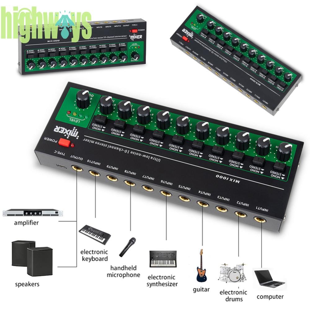 10 Channel Mini Sound Mixer USB 5V Power Stereo Ultra Low Noise Line ...