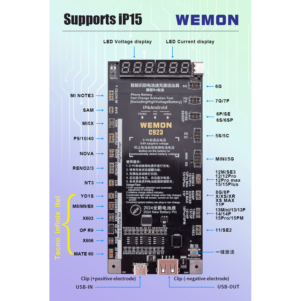 C923 Wemon Fast Charging Activated Board Tool for IPhone 5-15 Android Tenco 5-9V Battery ...