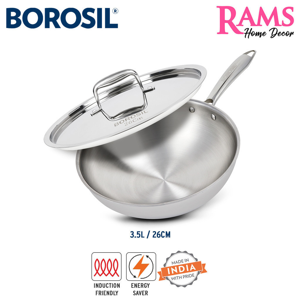 Borosil Cookfresh Stainless Steel Tri-Ply Wok Pan / Fry Pan / Induction ...