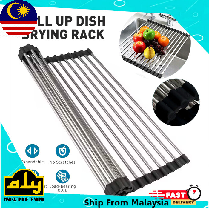 [ALY] Roll-up Dish Drying Rack Foldable Stainless Steel Over Sink Rack ...