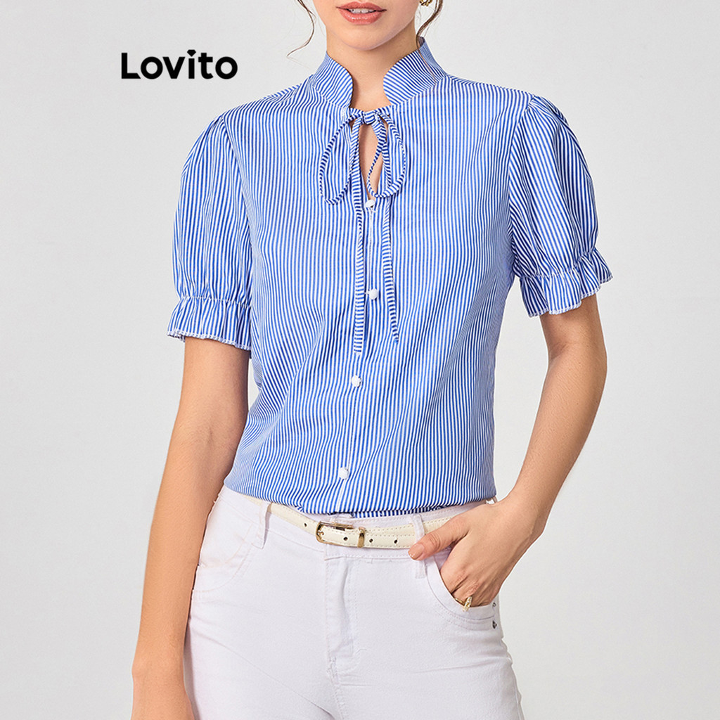 Lovito Romantic Striped Button Front Ruffle Puff Sleeves Blouse for ...