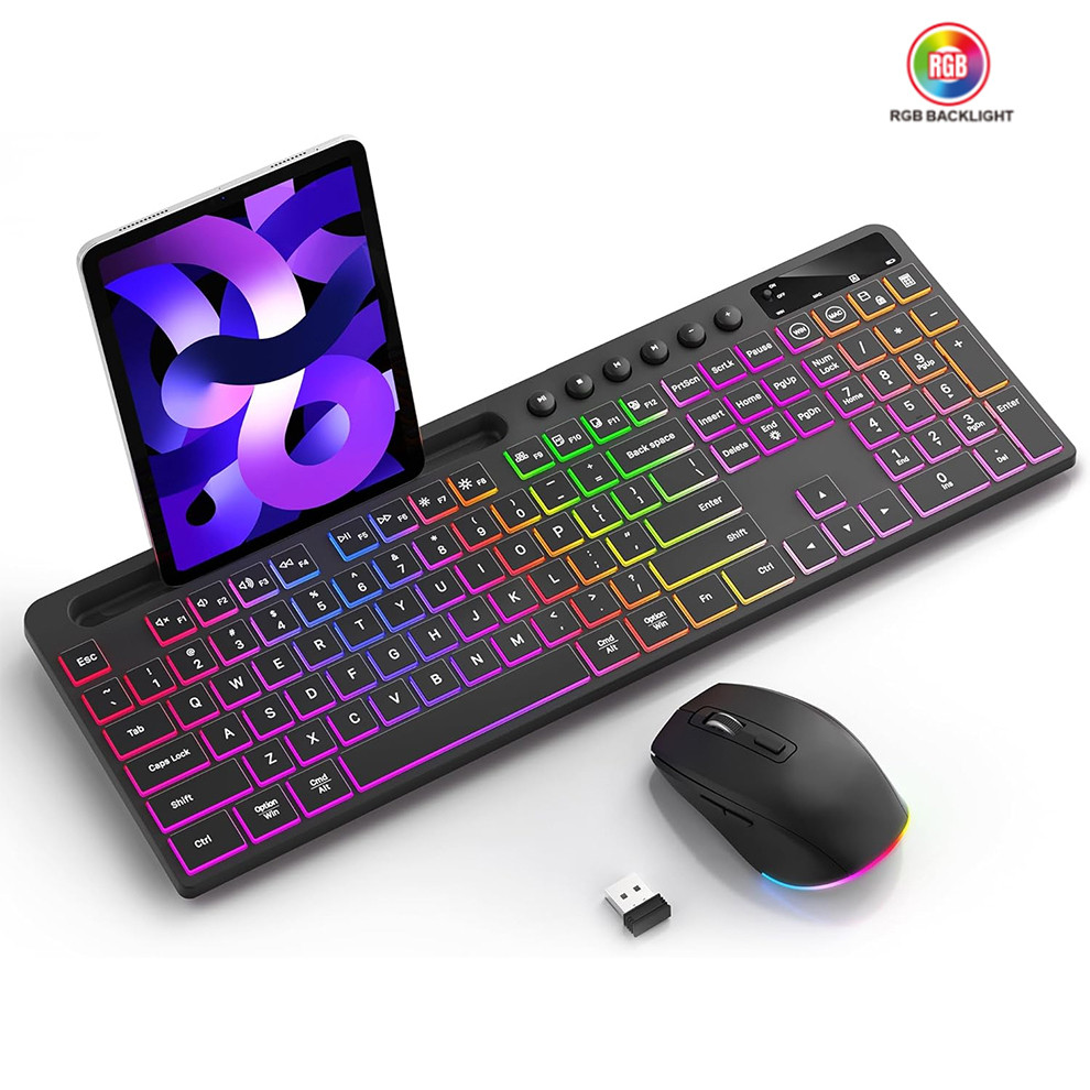 RGB Backlit Wireless Keyboard and Mouse Combo with Holder Stand Full ...
