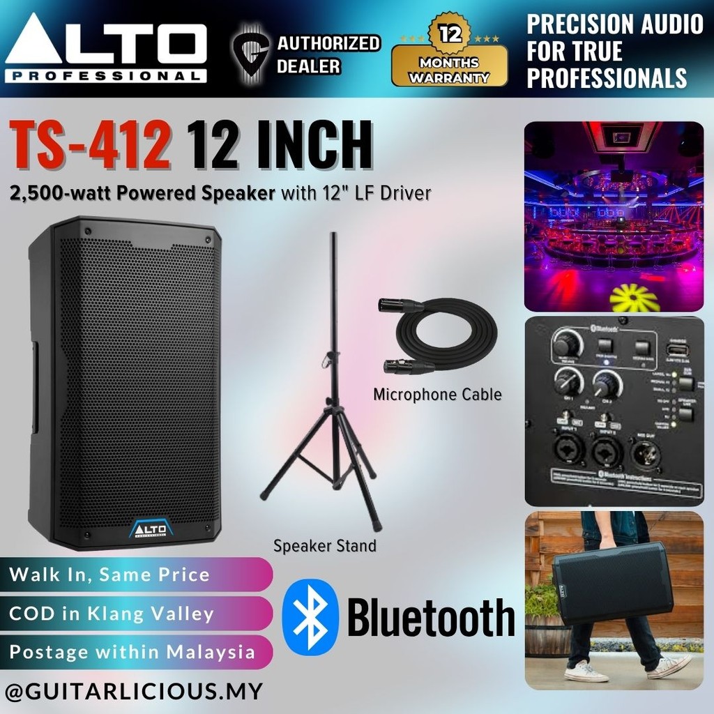ALTO TS412 Premium 2500W 12 inch Powered Speaker with Stand and Cable ...