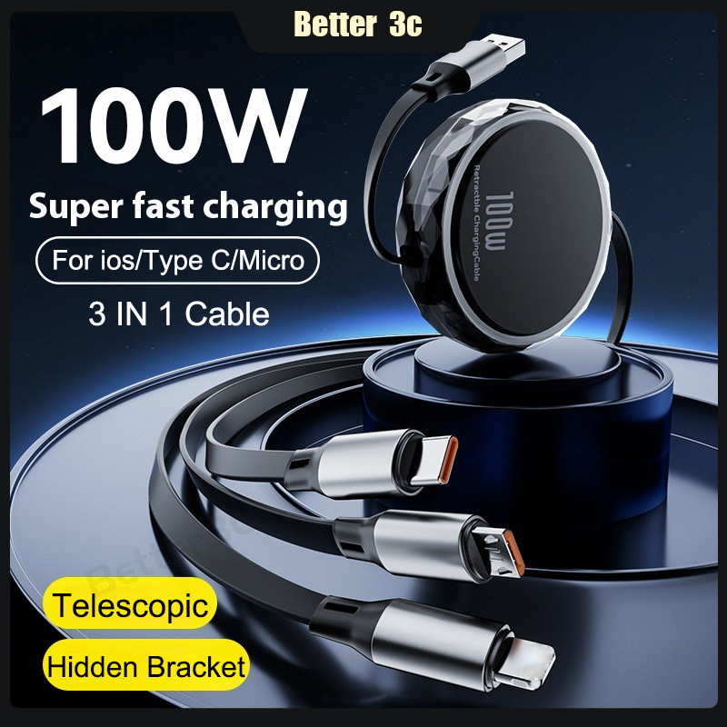 100W Crystal drill Super Fast charging usb cable 3 in 1 telescopic ...