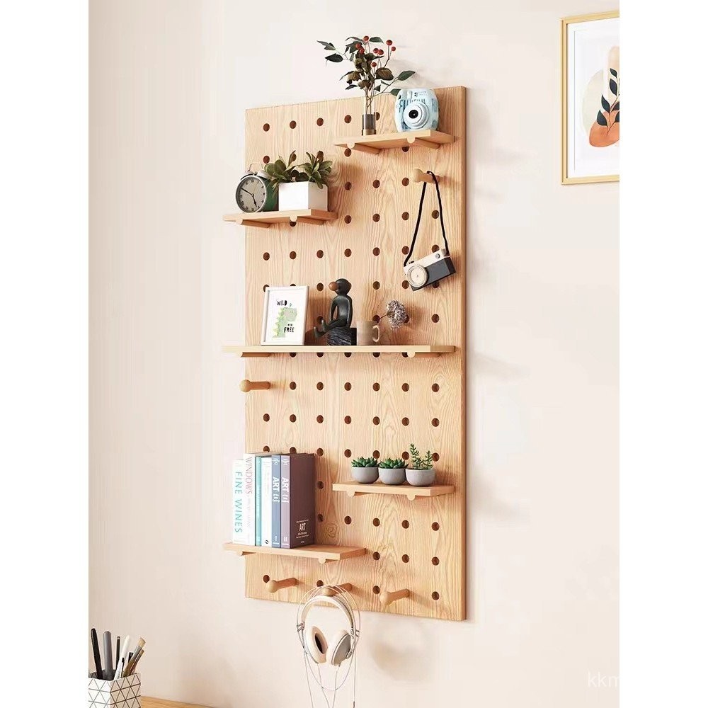 Papan lubang kayu pepejal atas dinding rak aksesori papan gantung rak ...