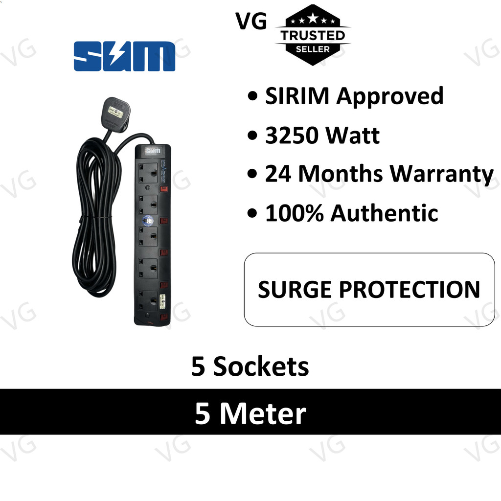 [100 Original] Sum 5 Gang 5 Meter Surge Protector Socket Extension Plug Power Power Strip