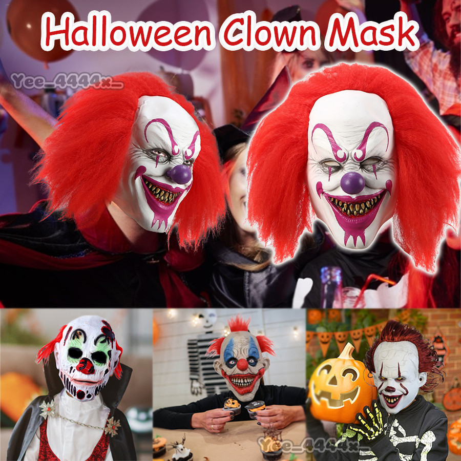 Scary Clown Mask with Red Hair Creepy Clown Latex Full Face Cover ...