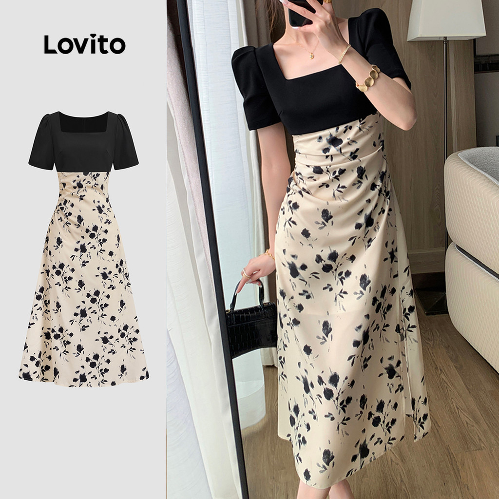 Lovito Elegant Dress Colorblock Pleated Flowers Spring/summer Black ...