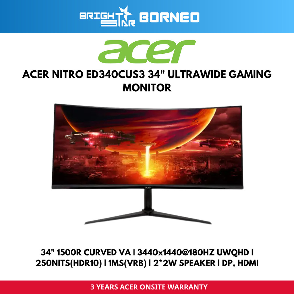 ACER NITRO ED340CUS3 Gaming Monitor - 34" 1500R CURVED VA/3440x1440 ...