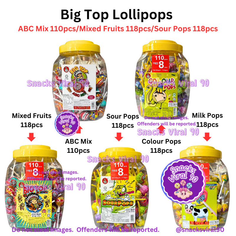 HALAL Big Top Lollipops ABC Mix/Mixed Fruits/Sour Pops/Colour Pops/Milk ...