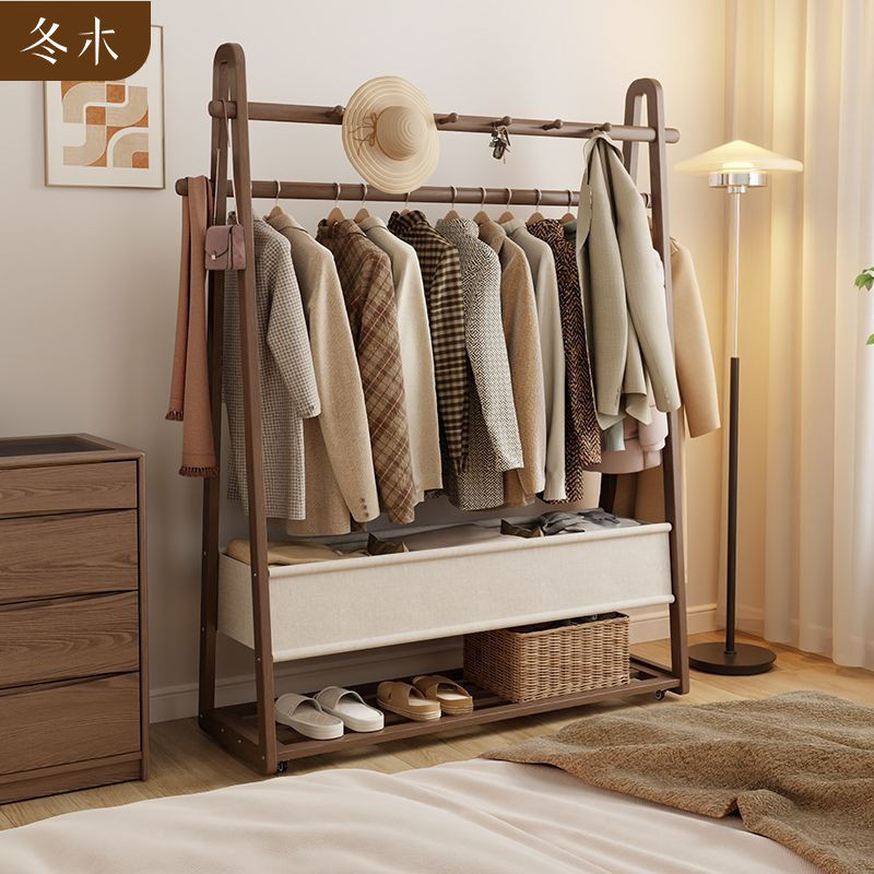 Winter Wood Solid Wood Floor Coat Rack Movable Storage Rack on Casters ...