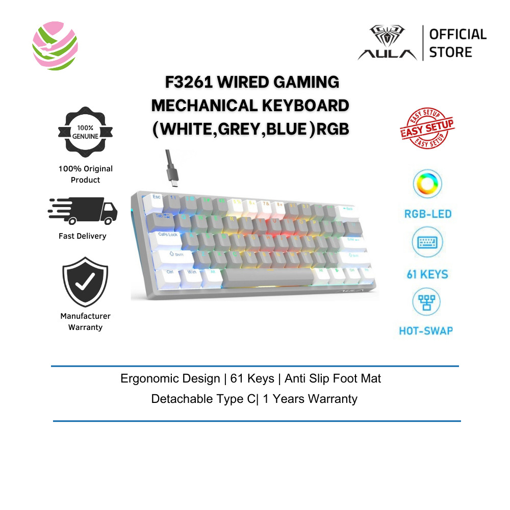 AULA F3261 Wired Gaming Mechanical keyboard (White/Gray, Blue Switch ...