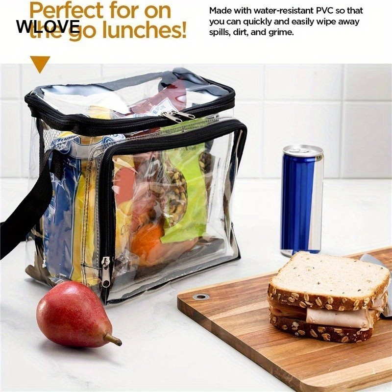 Black PVC transparent lunch bag with adjustable shoulder strap, front ...