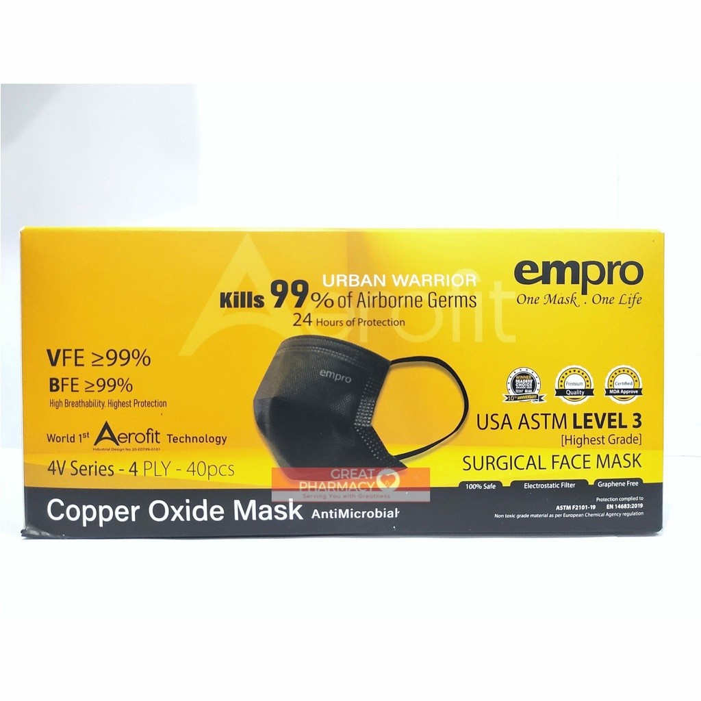 Empro 4V-Series Copper Oxide 4-PLY Surgical Face Mask 40s Black (Exp:10 ...