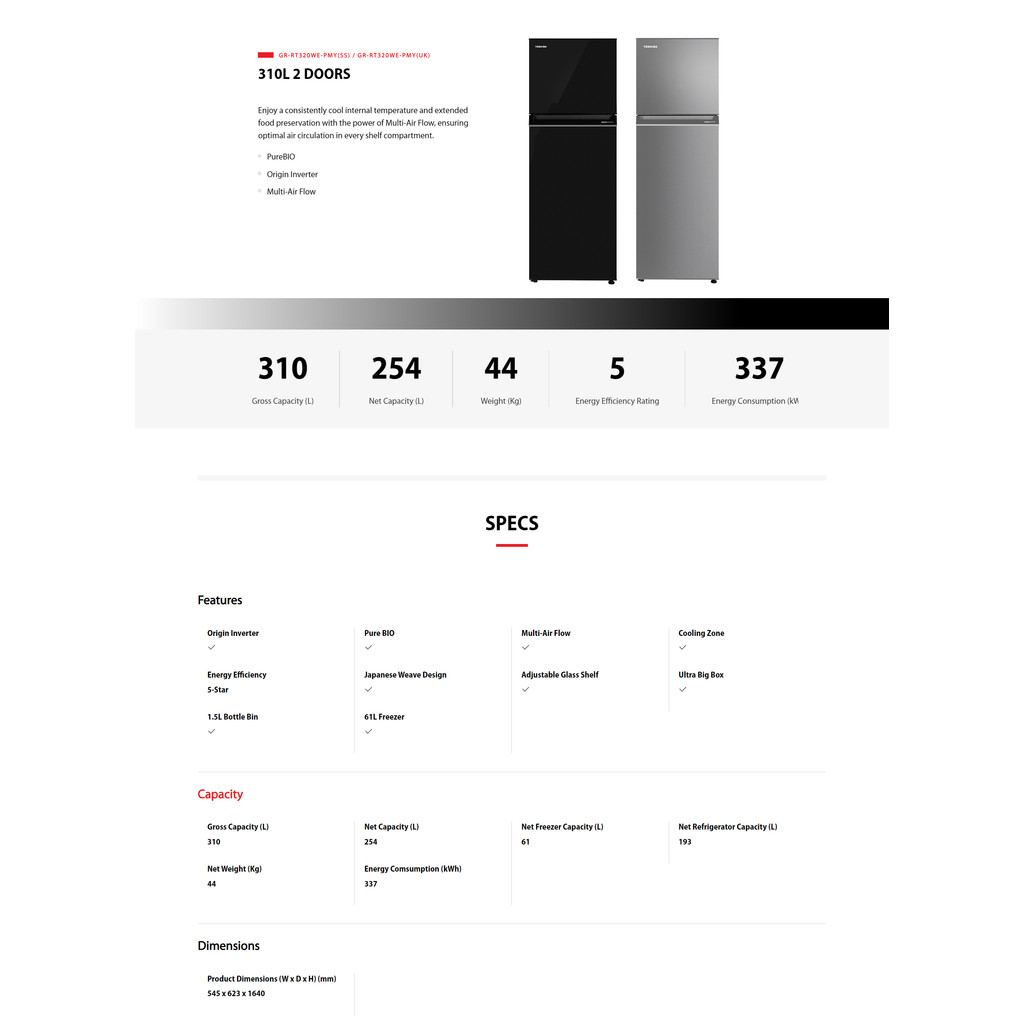 [NUR] TOSHIBA ORIGIN INVERTER REFRIGERATOR (270L) GR-RT300WE-PMY WITH 5 ...