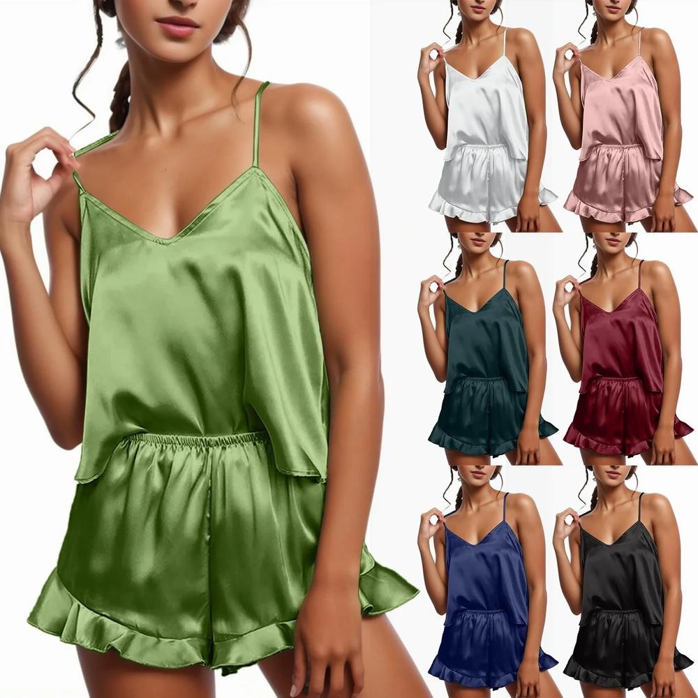 Women's Sexy Silk Satin Ruffled Pajamas Sets Shorts Sets Sleepwear ...