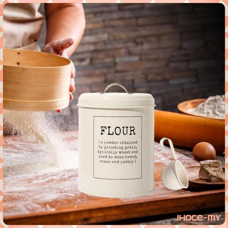 [ihoceMY] White Metal Flour Storage Tin Jar 5 Litres Container with Lid ...