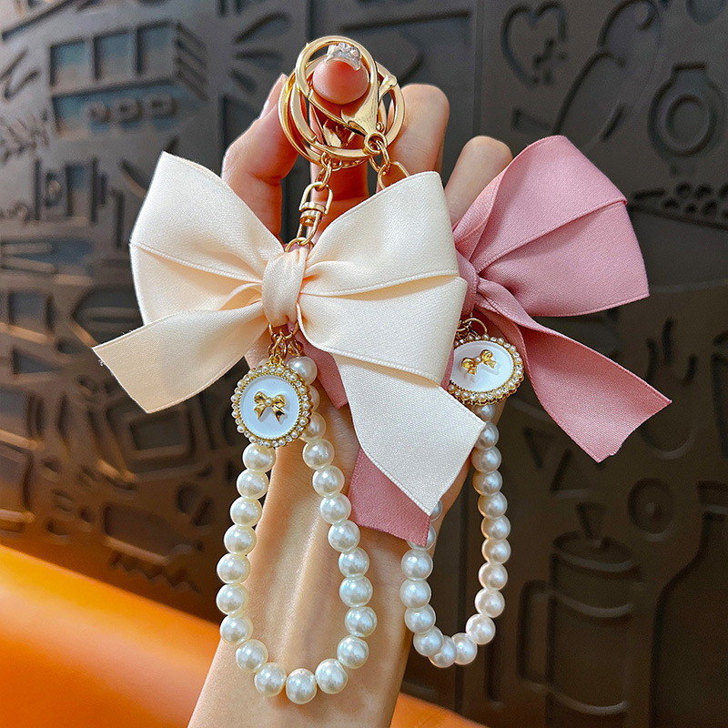 Cute Pearl Chain Key Ring Ins Style Large Bow Pearl Car Keychain ...