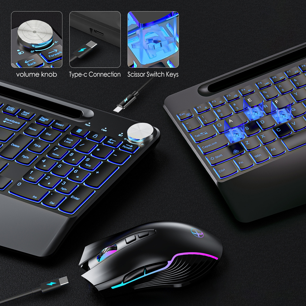 2.4G Wireless Keyboard and Mouse Set Full Size Rechargeable 7 Colors ...