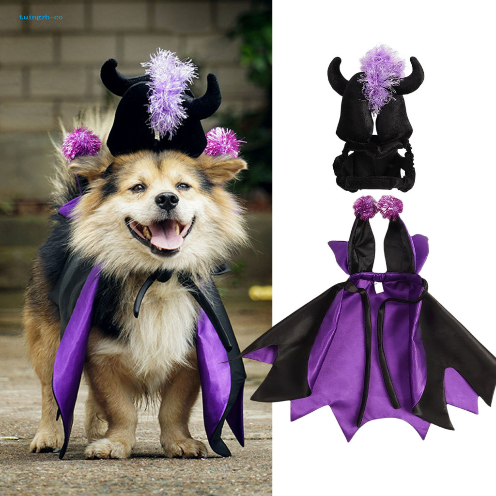 tuingzh Cat Devil Horns Black Cape Spooky Pet Halloween Costume Set for ...