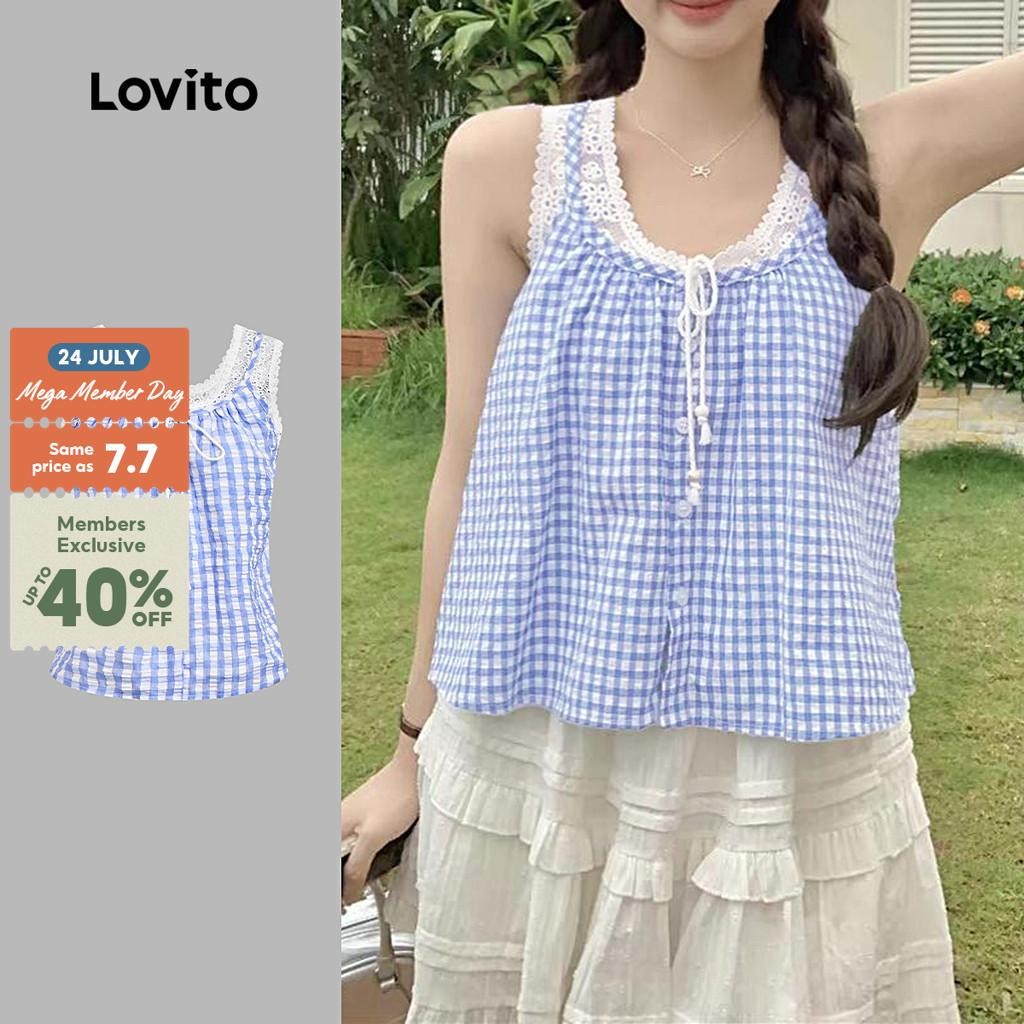 Lovito Casual Tank Top Checkerboard Lace Tank Top for Women LNA65346 ...