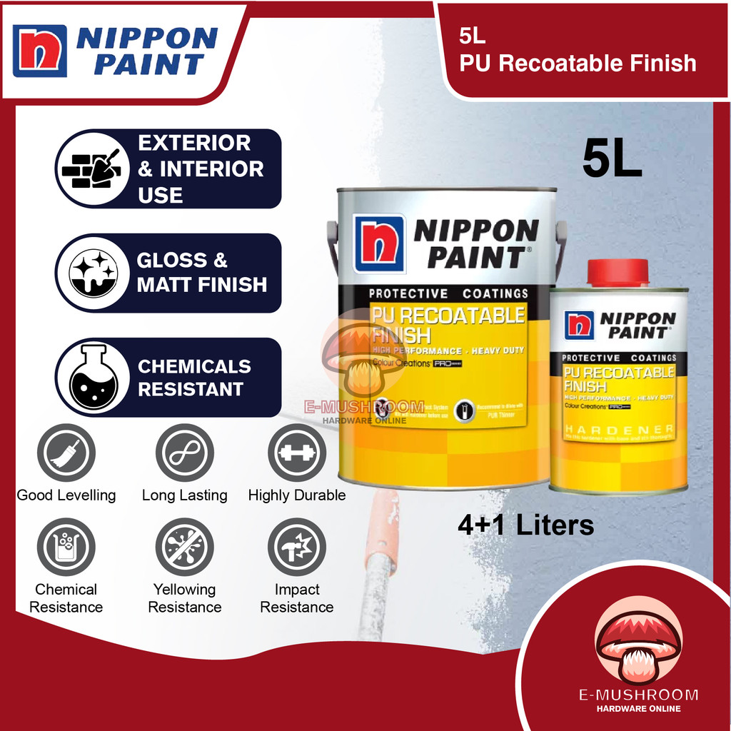 5L Nippon Paint PU Recoatable Finish Gloss / Soft Matt Clear Finish ...