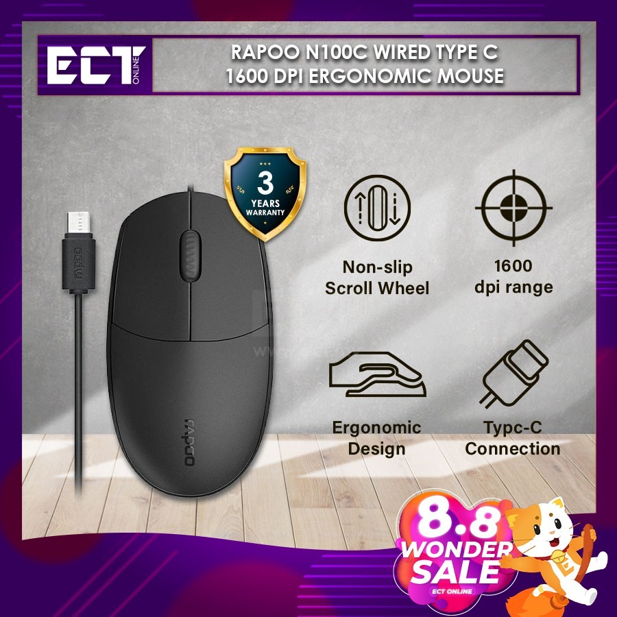 Rapoo N100C Wired Type C 1600 DPI Ergonomic Mouse | Shopee Malaysia