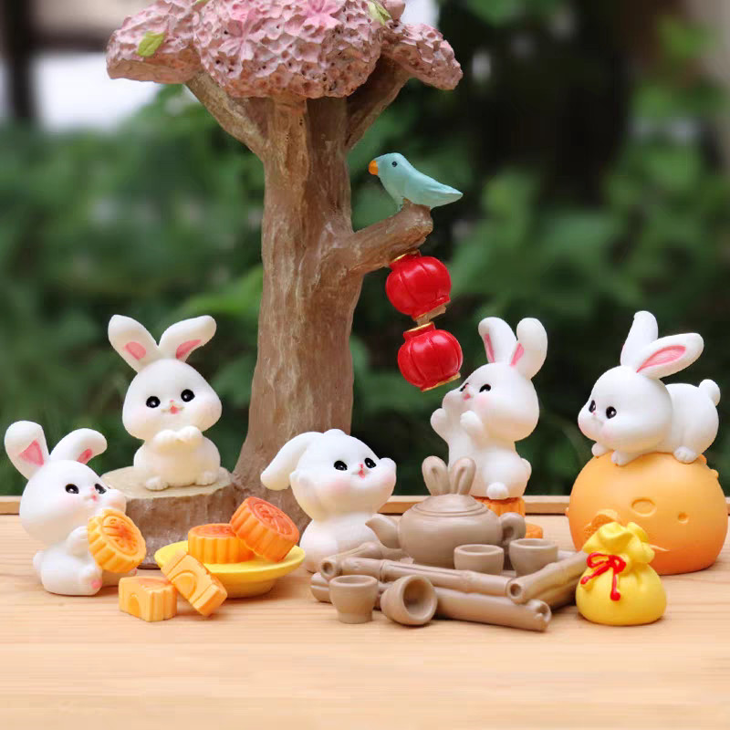 12/1 Pcs Cute Moon Cake Rabbit Ornament Mini Resin Jade Rabbit Desktop ...