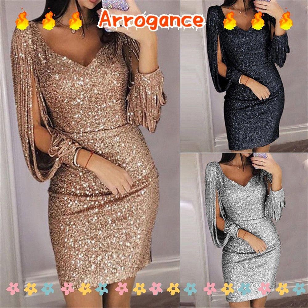 ARROGANCE Ladies Tassels Dress Elegant Glitter Long Sleeve Cocktail ...