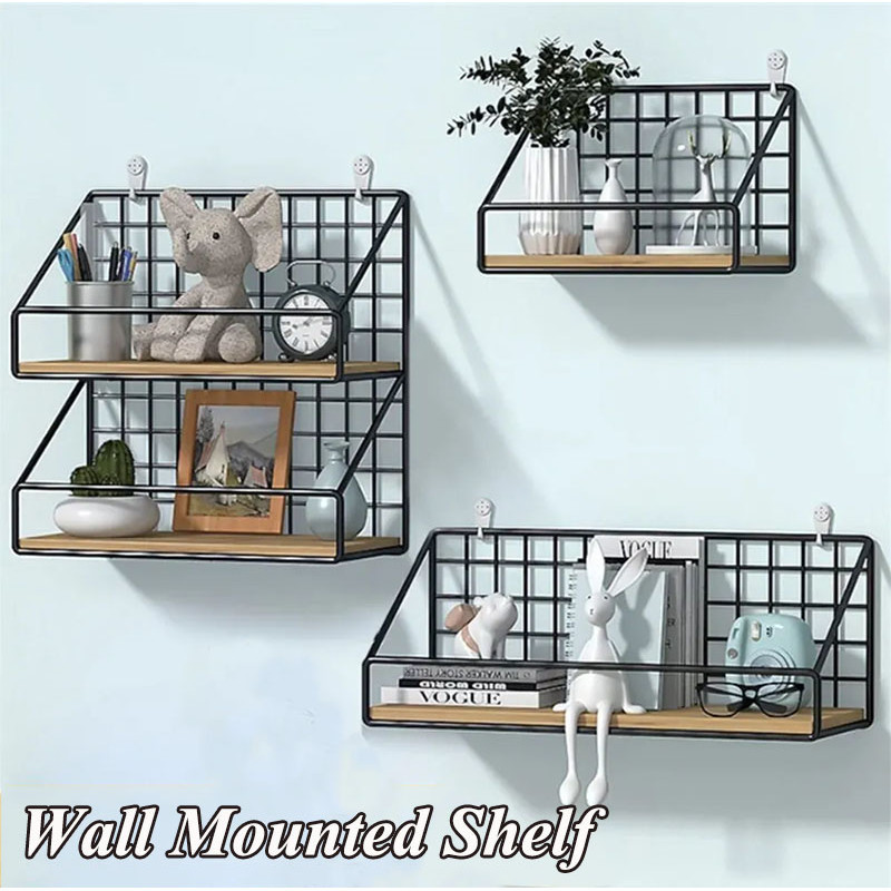 Wall Shelf No Drill Wooden Rack Wall Hanging Shelf Storage Holder Rack ...