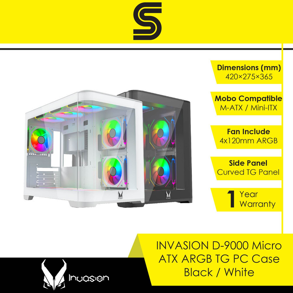 INVASION D-9000 Micro-ATX 4x 120mm ARGB Fans Micro-ATX PC Case - Black ...