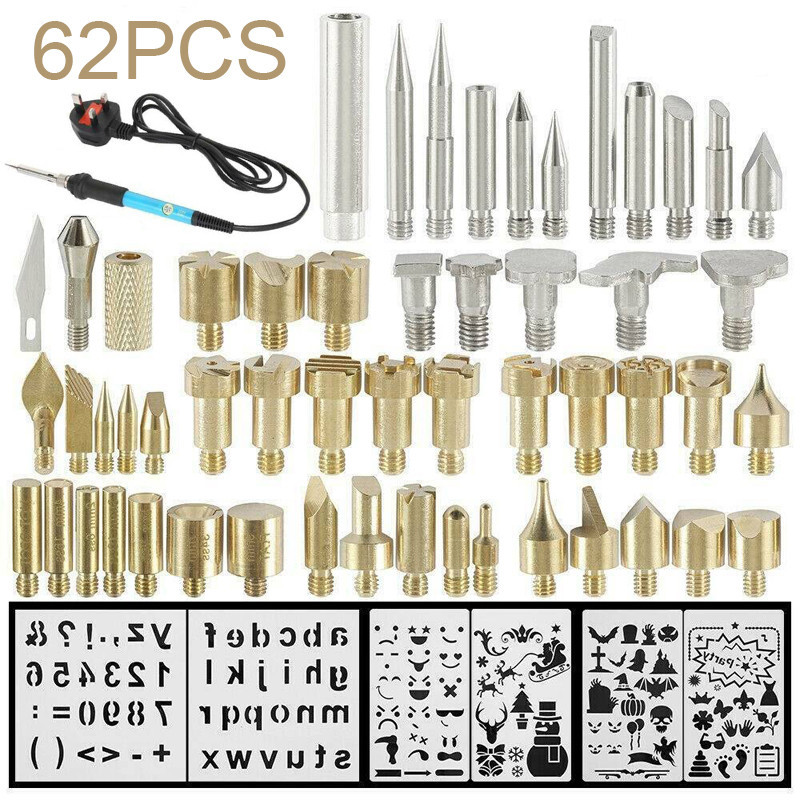 62Pcs Wood Burning Pen Tool Soldering Stencil Iron Craft Set Pyrography ...