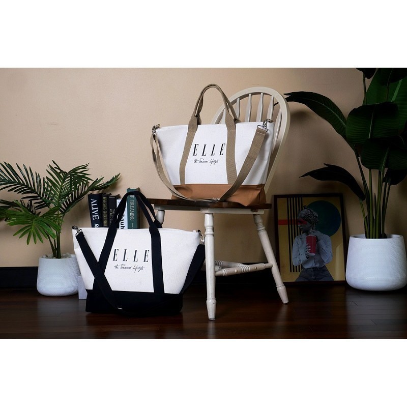 ELLE CANVAS Tote Bag Large Shoulder With Zipper In 2 Colors H8H008 ...
