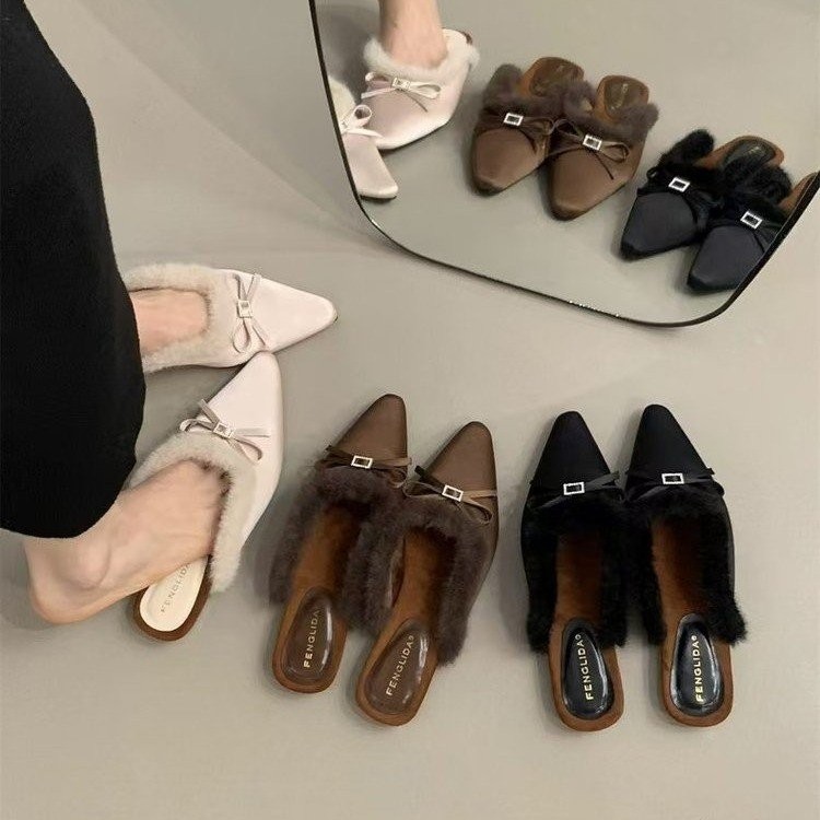 Women's Plush Flat Shoes Slip-on Toe Box Shoes Rubber Flat Bottom ...