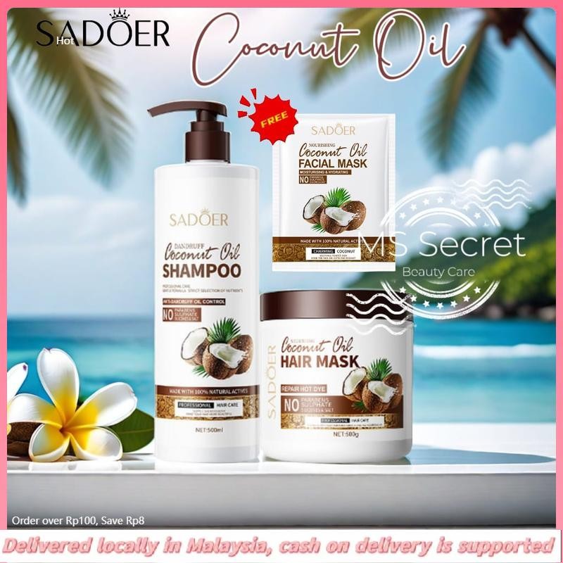 SADOER 2 IN 1 Nourishing Coconut Oil Shampoo & Hair Mask Set 500ml+500g*Free Coconut Face Mask ...