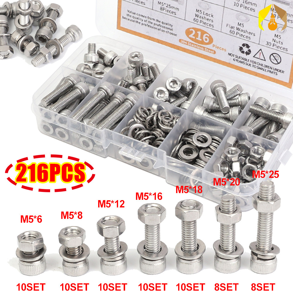 216Pcs/Box Multi-purpose Stainless Steel M5 Hexagon Bolt Nut Kit - Flat ...
