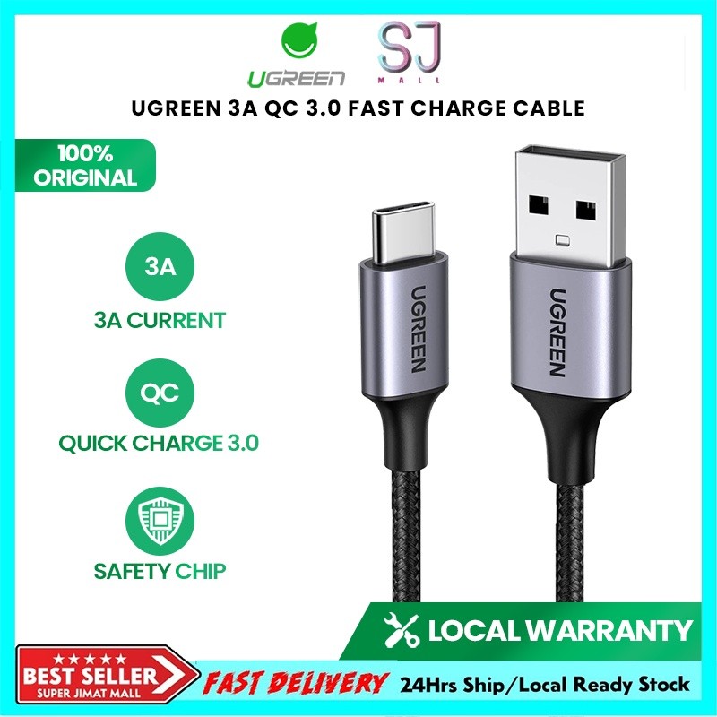 UGREEN USB A To USB Type C Cable 3A Qualcomm 3.0 QC Quick Fast Charging 480Mbps Nylon Braid Car ...