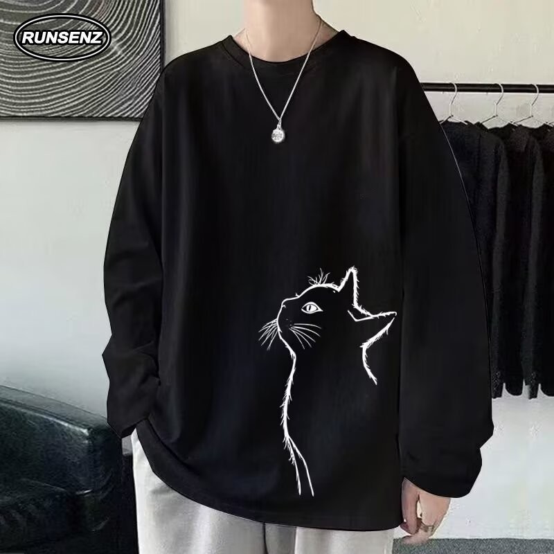 M-8XL Korean Version Long Sleeve Top Men Plus Size T Shirt Casual Loose Round Neck Oversize Tee ...