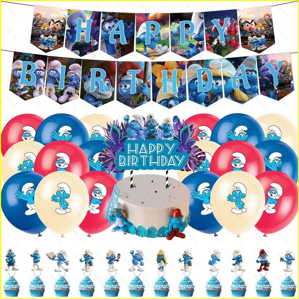 B4 The Smurfs Theme kids birthday party decorations banner cake topper ...