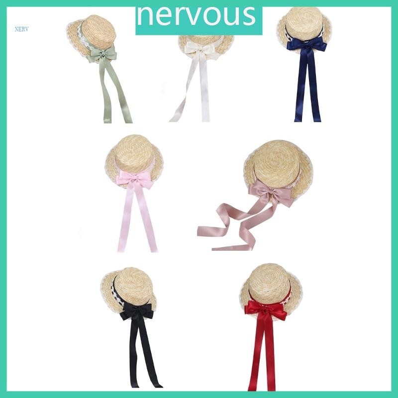 NERV Ribbon Straw Hat Wide Brim Straw Boater Hat Women Bows Straw Hat ...