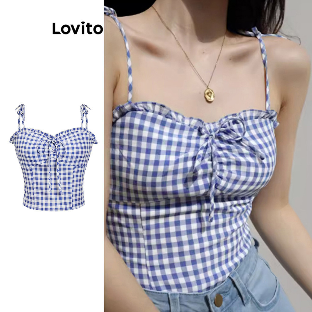 Lovito Casual Plaid Lace Up Bow Front Tank Top for Women L95ED234 ...