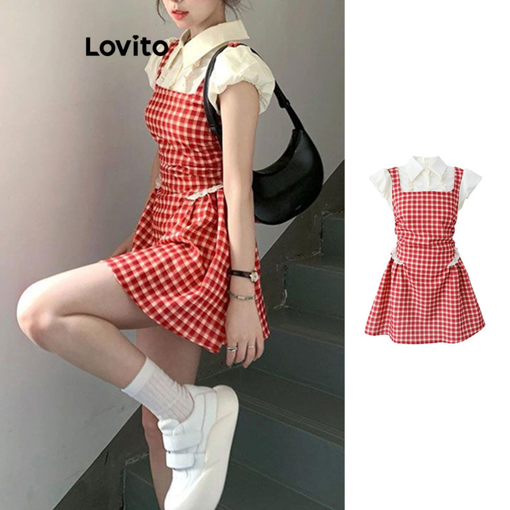 Lovito Casual Gingham Pattern Dress for Women LNA72228 | Shopee Malaysia
