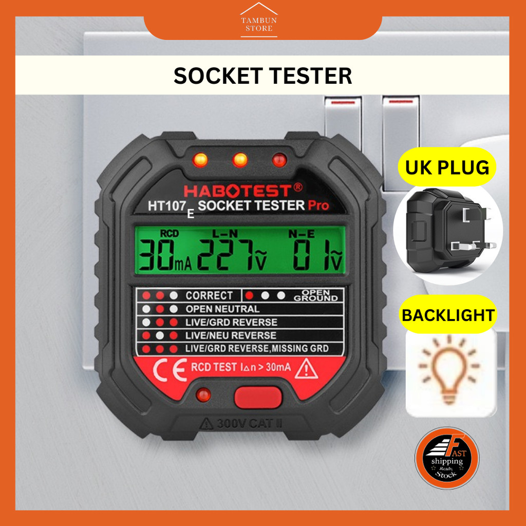 UK 3 Pin Plug Digital Socket Tester HABOTEST HT107E Backlight Voltage ...