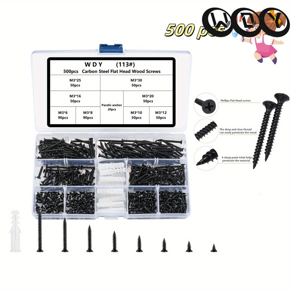 500pcs M3 Carbon Steel Flat Head Wood Screws Assortment Fasteners Kit ...