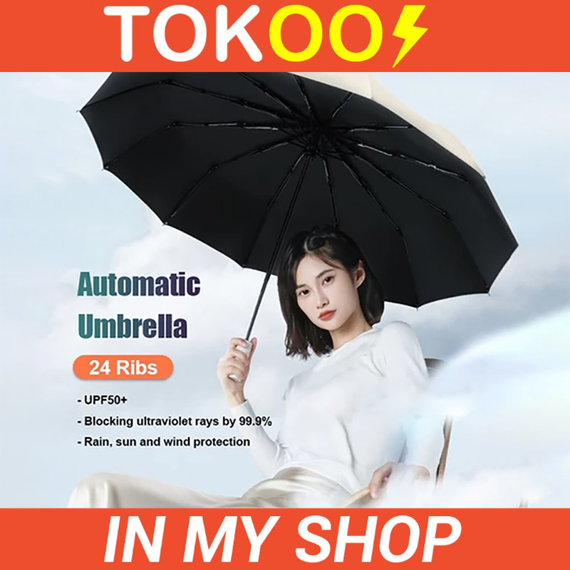 Umbrella 24 Bone Solid Color Automatic Umbrella Light Collapsible Large ...