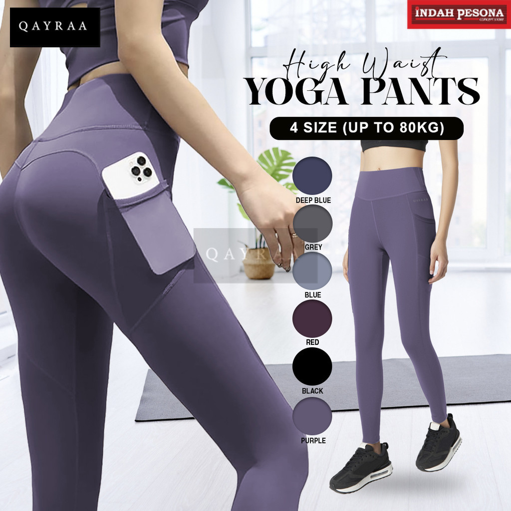 QAYRAA Pocket High Waist Sports Compression Yoga Pants - Blue/Black ...
